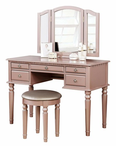 Rose Gold Pink 3 pc Vanity Set Tri Fold Mirror Wooden Table Stool ...