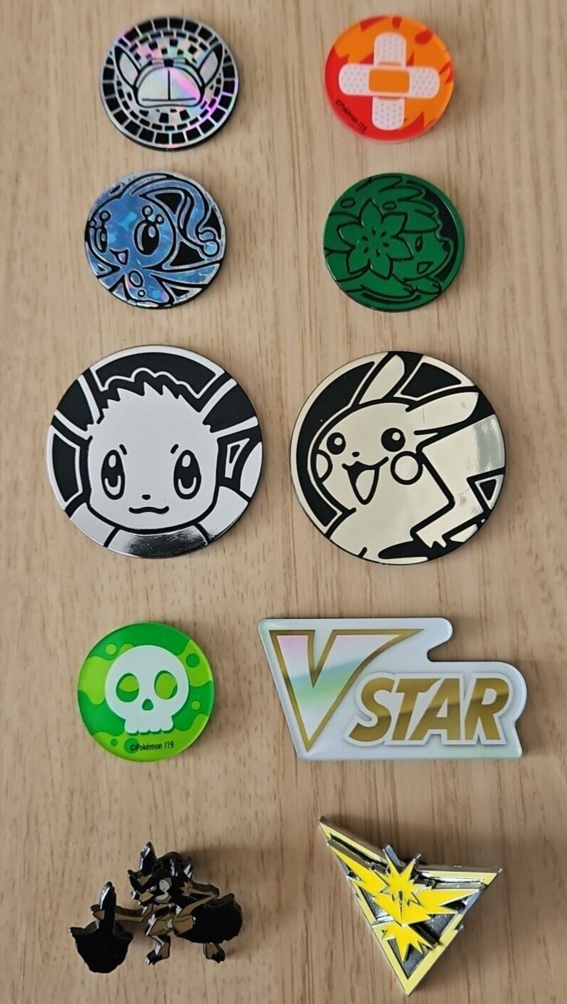 Pokemon Coins And Pin Badges Bundle (8 Coins,2 Badges Zapdos Kleavor ...
