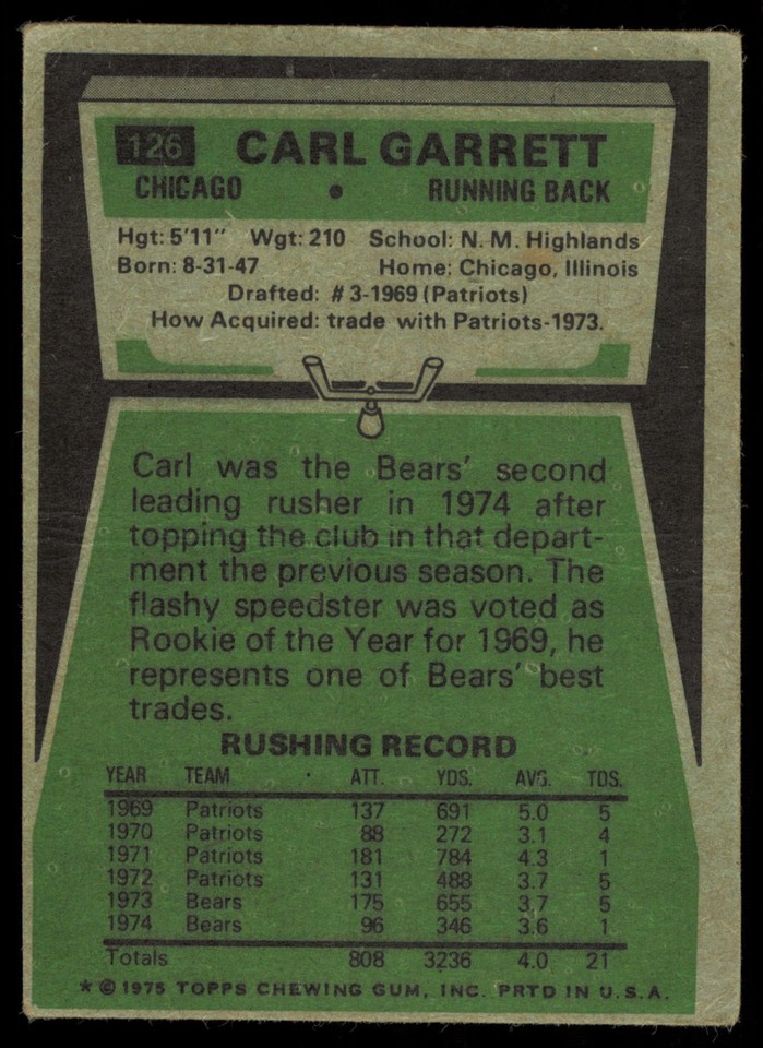 1975 Topps #126 Carl Garrett Chicago Bears | eBay