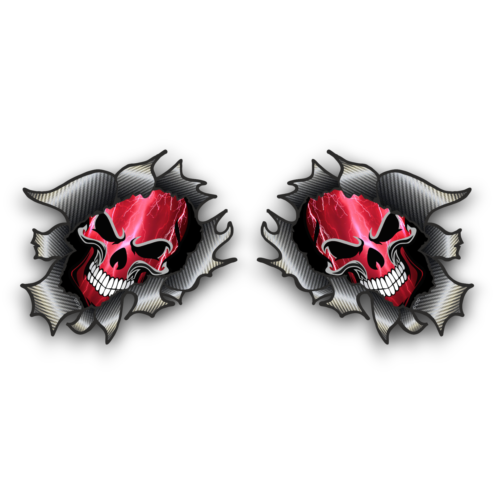 2x Small Red Lightning Skull Ripped Carbon Fibre Vinyl Sticker Decal ...