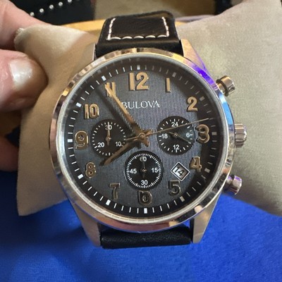 Bulova Men's Watch Stainless Steel Black Leather Strap Chronograph ...