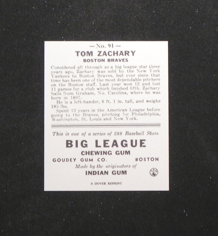 TOM ZACHARY 1933 GOUDEY GUM COMPANY Dover Reprint Card #91 _ Exact Card ...