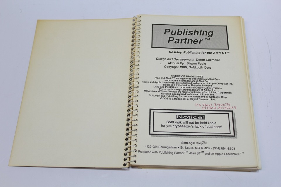 Soft Logik Publishing Partner Desktop Publishing Atari ST 1986 MANUAL ...