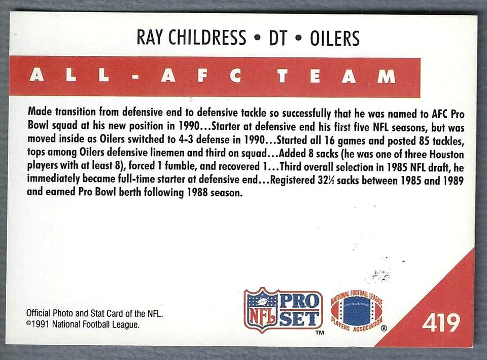 Ray Childress 1991 Pro Set Signed Autograph Football Card #419 Houston ...