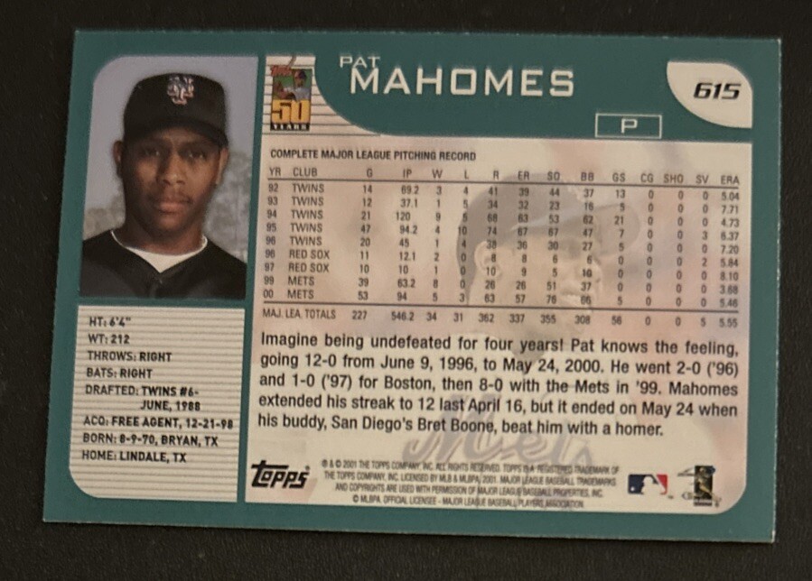 2001 Topps Pat Mahomes Baseball Card #615 Mets Pitcher VG O/C | eBay