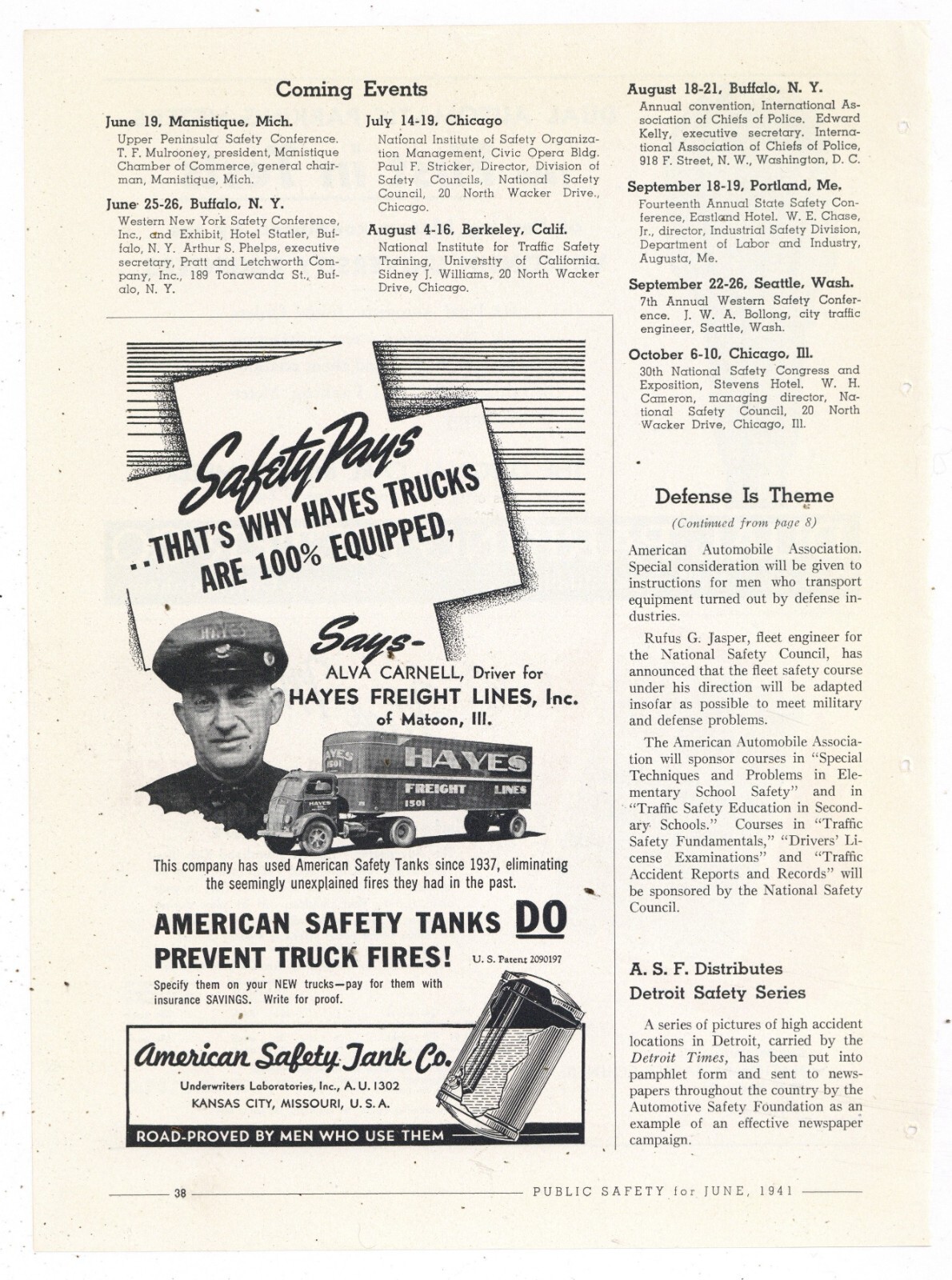 1941 American Safety Tank Co. Ad: Hayes Freight Lines of Matoon ...