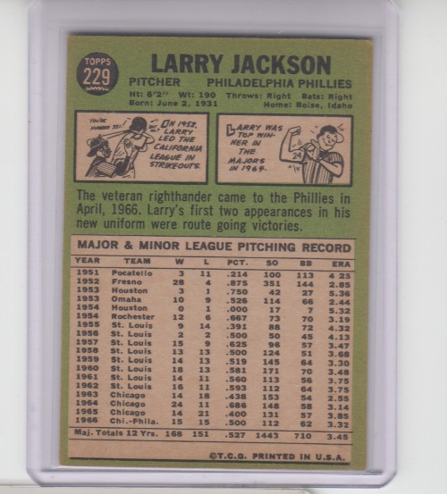 1967 Topps #229 LARRY JACKSON COLOR SHIFT / VARIATION / ERROR ~ NM/MT ...