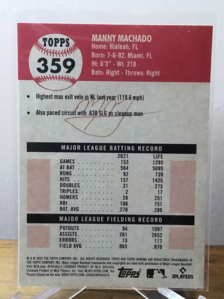 MANNY MACHADO 2022 Topps Chrome Platinum Baseball #359 San Diego Padres ...