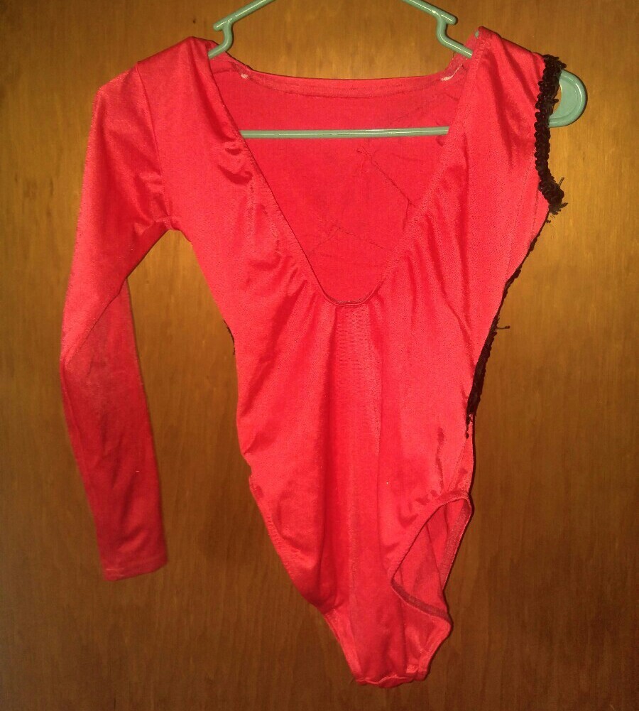 Girls Red Dance Unitard Black Sequin Outfit Long sleeve Open Shoulder ...