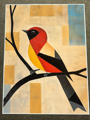 Abstract Geometric Bird Perched on Branch with Yellow and Black Shapes ...