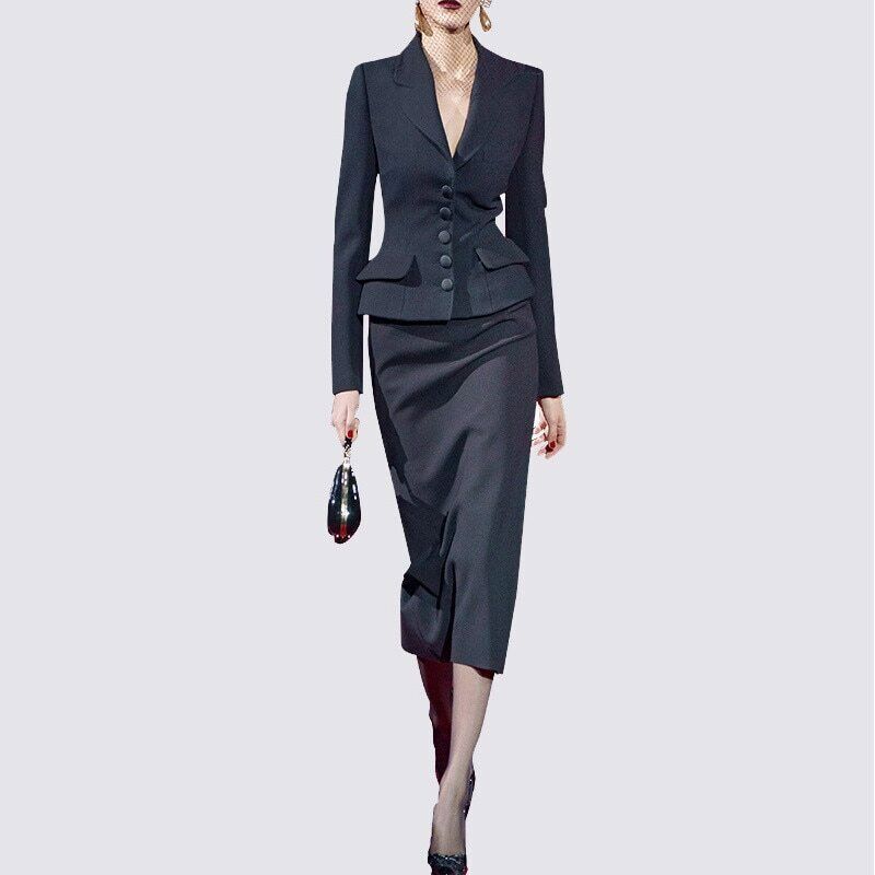 New Split Collar Suit Coat and Tight Midi Skirt Women's Fashion 2-piece ...