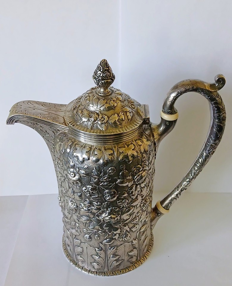 Early Original Antique S Kirk & Son Silver Heavily Chased Chocolate Pot ...