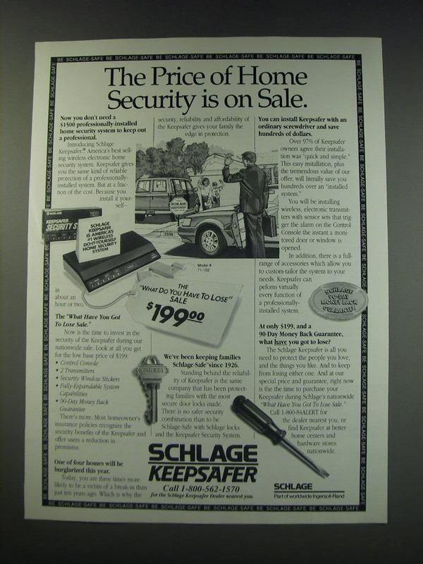 1991 Schlage Keepsafer Security system Ad - The price of home security ...