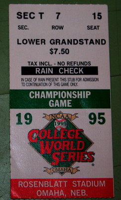 1995 COLLEGE WORLD SERIES CWS TICKET STUB CHAMPIONSHIP GAME CAL ...