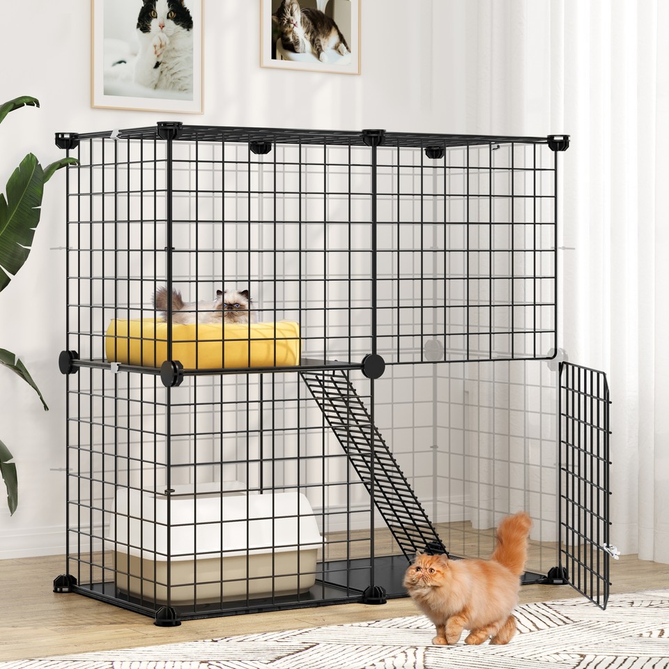 2 Tier Cat Cage Indoor Cat Enclosures Kitten Cage DIY Pet Playpen for 1 ...