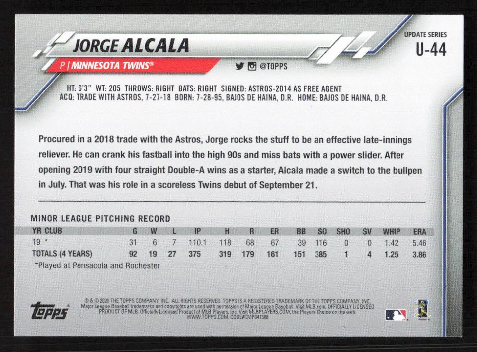 2020 Topps Update Jorge Alcala #U-44 Baseball Rookie Minnesota Twins RC ...