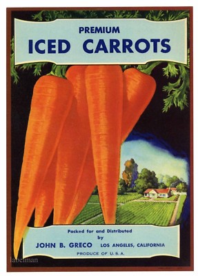 ICED CARROTS Vintage Veggie Crate Label, Farmland, Row Crops, AN ...