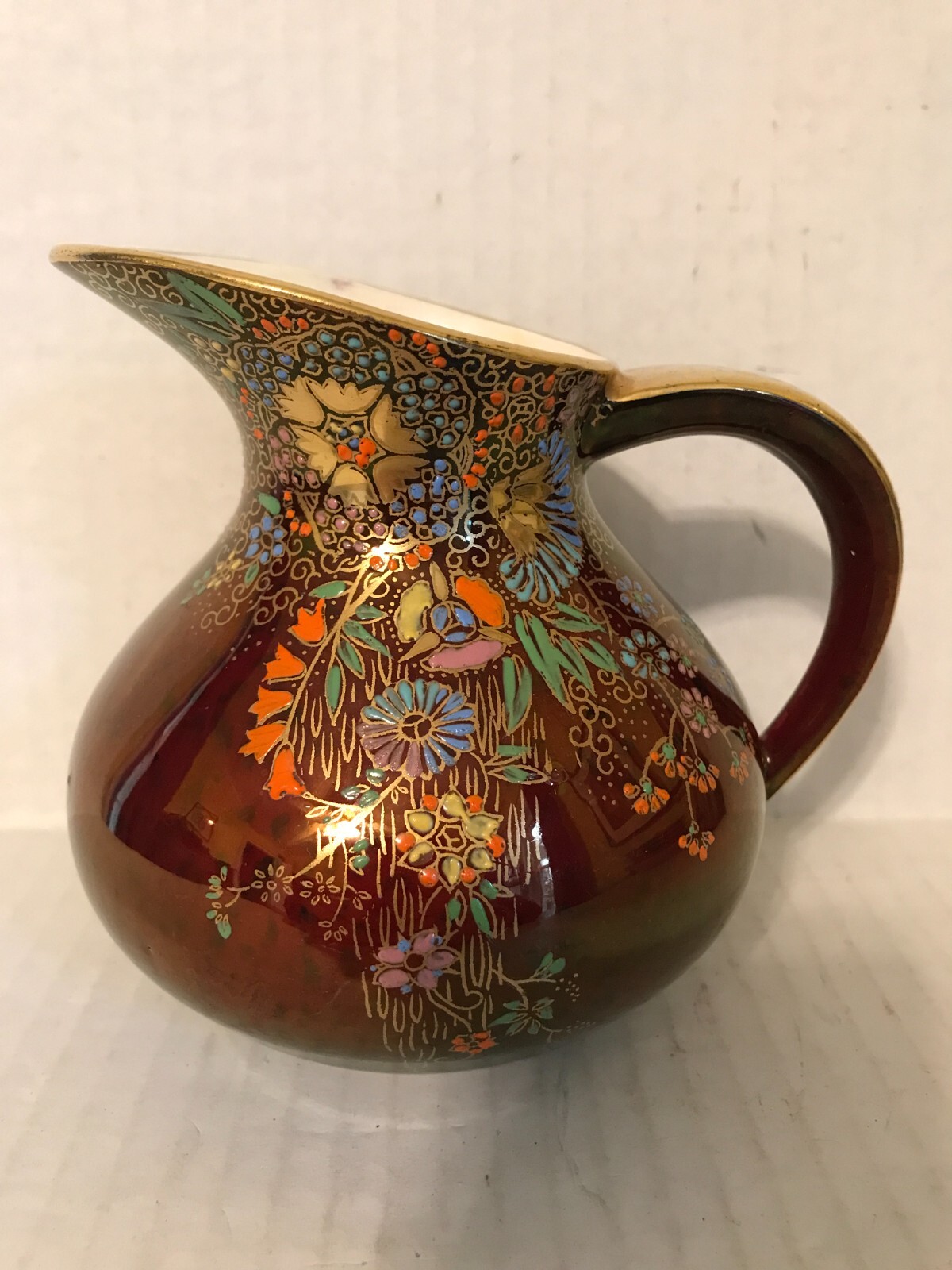 VINTAGE CROWN DEVON FIELDINGS BROWN LUSTER PITCHER GILTED ENAMEL FLORAL ...
