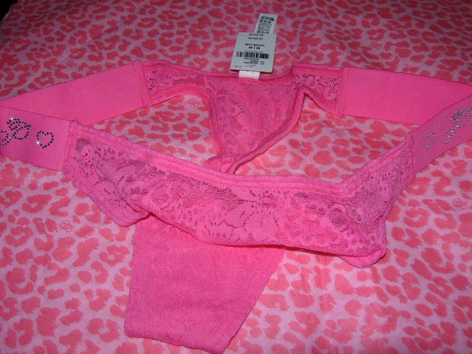 Victoria Secret Sexy PINK Wink Thong String HOT! Silver Logo Rhinestone ...