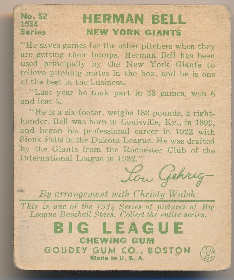 GOUDEY HERMAN BELL 1934 TOPS MINI #52 NEW YORK GIANTS MINT | eBay