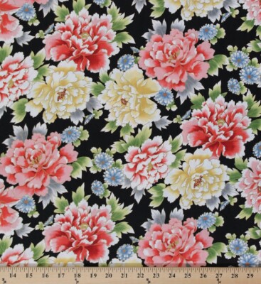 Cotton Akahana Flowers Blossoms Floral on Black Fabric Print by Yard ...