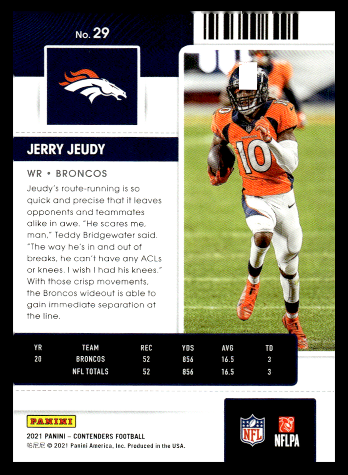 2021 Panini Contenders Jerry Jeudy #29 Denver Broncos Season Ticket NFL ...