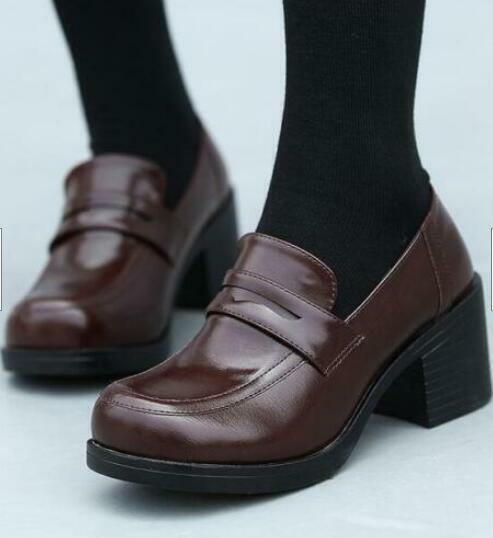 Womens Block Heels Shoes Japanese School Girls Slip On Brogue Oxfords ...