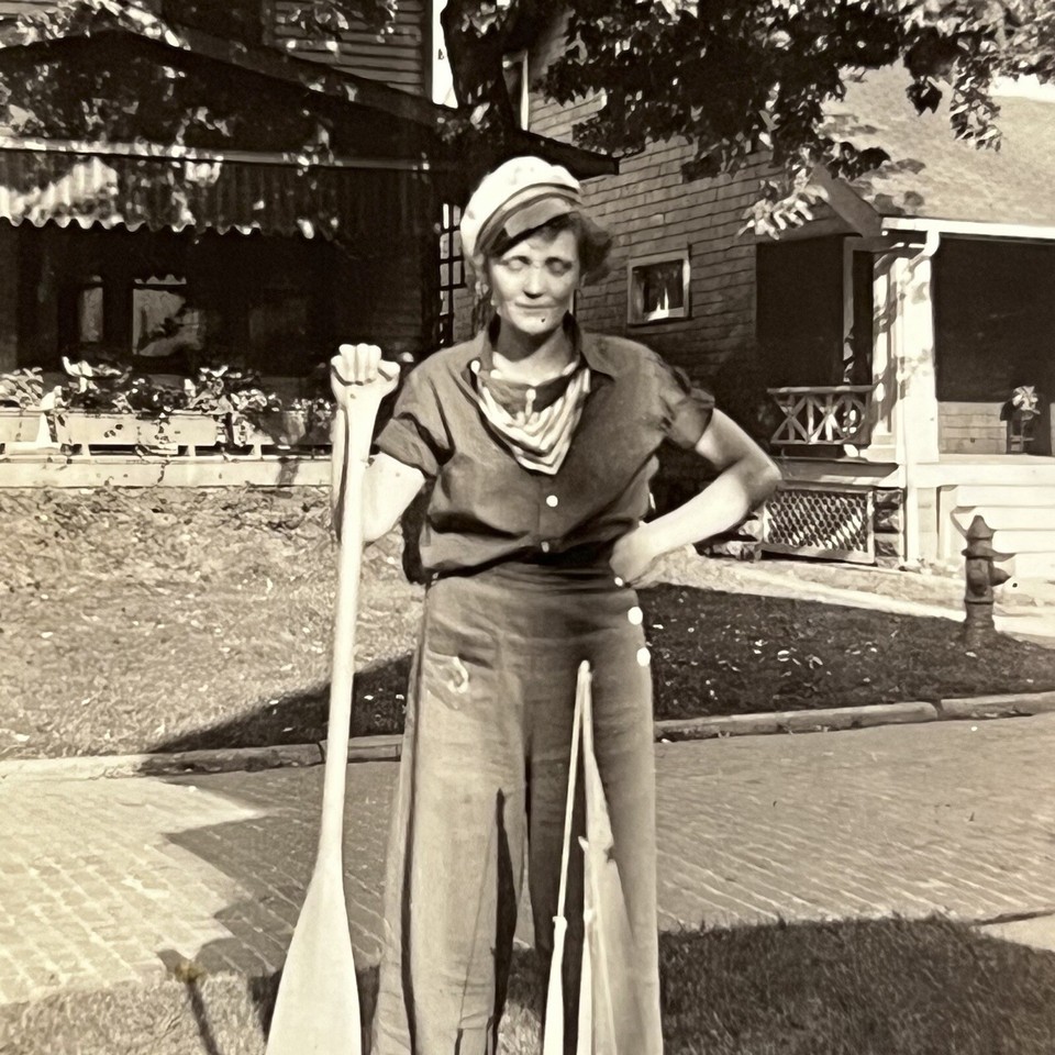 Vintage B&W Snapshot Photograph Woman Sailor Attire Boating Oar Model ...