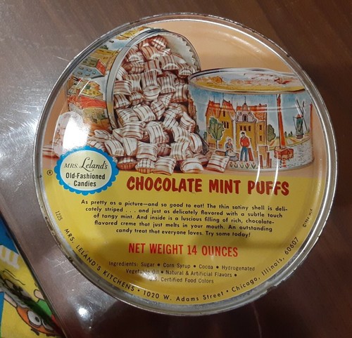Mrs. Leland's Old Fashioned Candy Tin Chocolate Mint Puffs 1964 ...