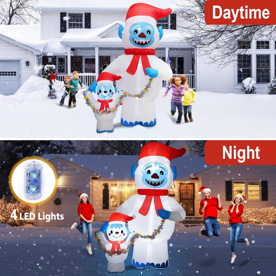 8FT Christmas Inflatables Yeti Family with Santa Hat, Christmas Blow up ...