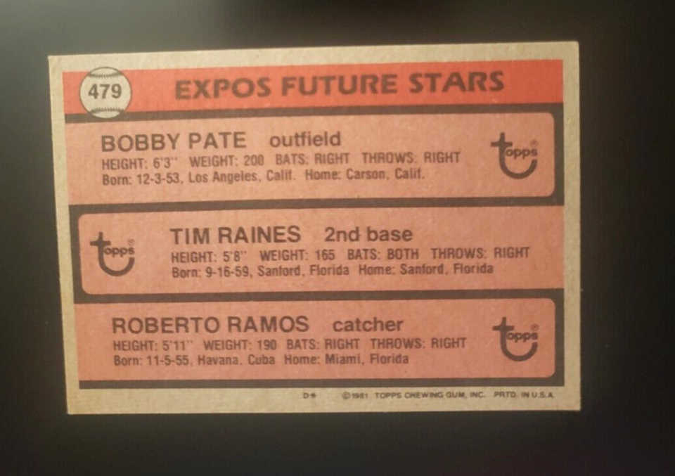 1981 Topps #479 Tim Raines/ Roberto Ramos/ Bobby Pate RC HOF Montreal ...