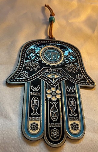 PENINAT HAKESEF HAMSA CHAMSA MAZAL/EYE HAND WALL HANGING BLUE ENAMEL ON ...