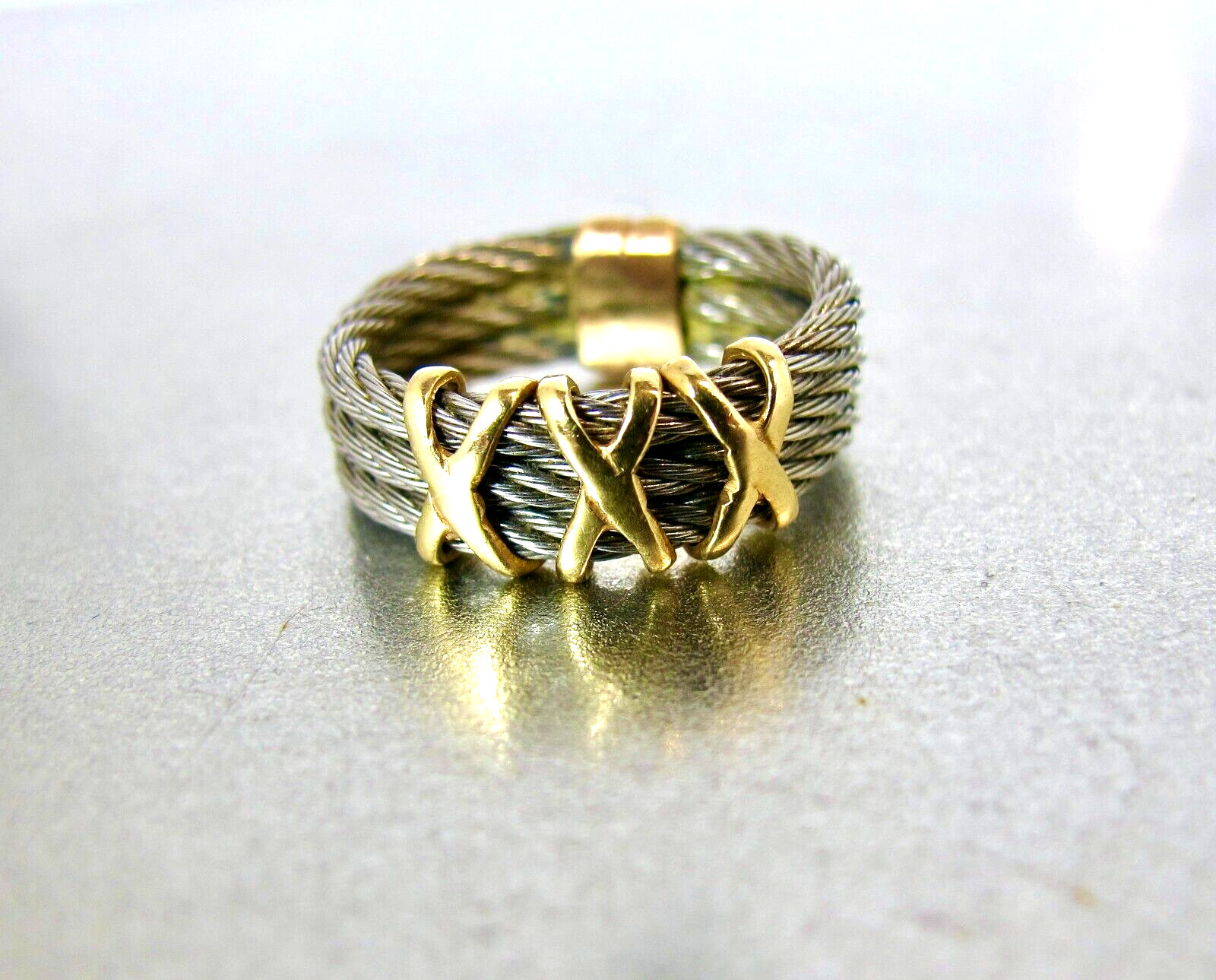 Stainless Steel Cable 14K Yellow Gold "X" Band Ring - Gem