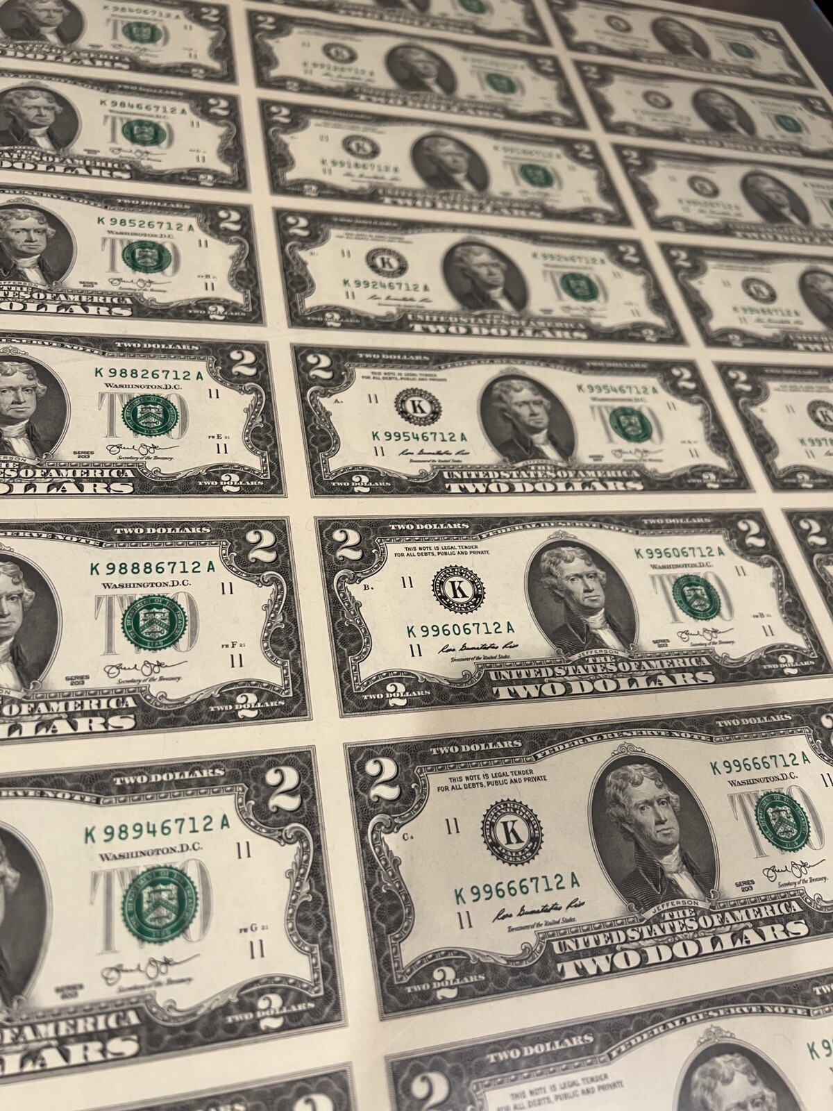 $2 Dollar Bills Uncut Sheet 32 Notes Framed Frameless Ready to display ...