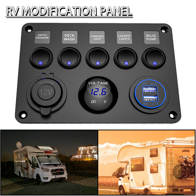 Car 5 Gang 12V LED Light Switch Control Panel Voltmeter Dual USB ...