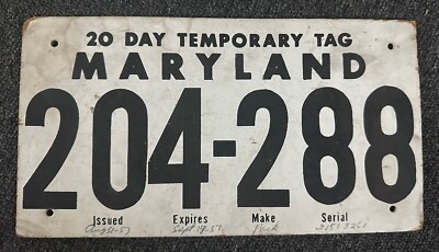 Vintage temporary License plate Maryland 1957 Rare temp tag 20 day 204 ...