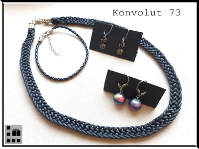 Schmuck Konvolut, Textil Kumihimo Kette schwarz, Lederband, 2 Ohrhänger ...