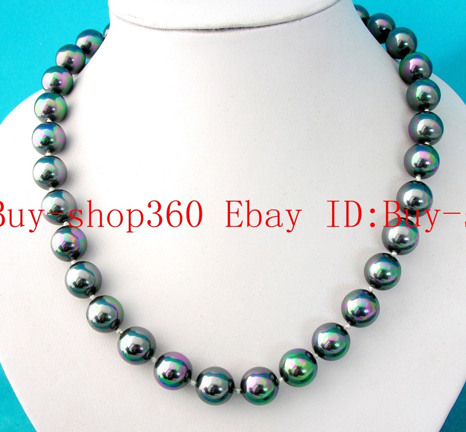 8mm-16mm High Luster Black Round Shape Sea Shell Pearl Bead Necklace 18 ...