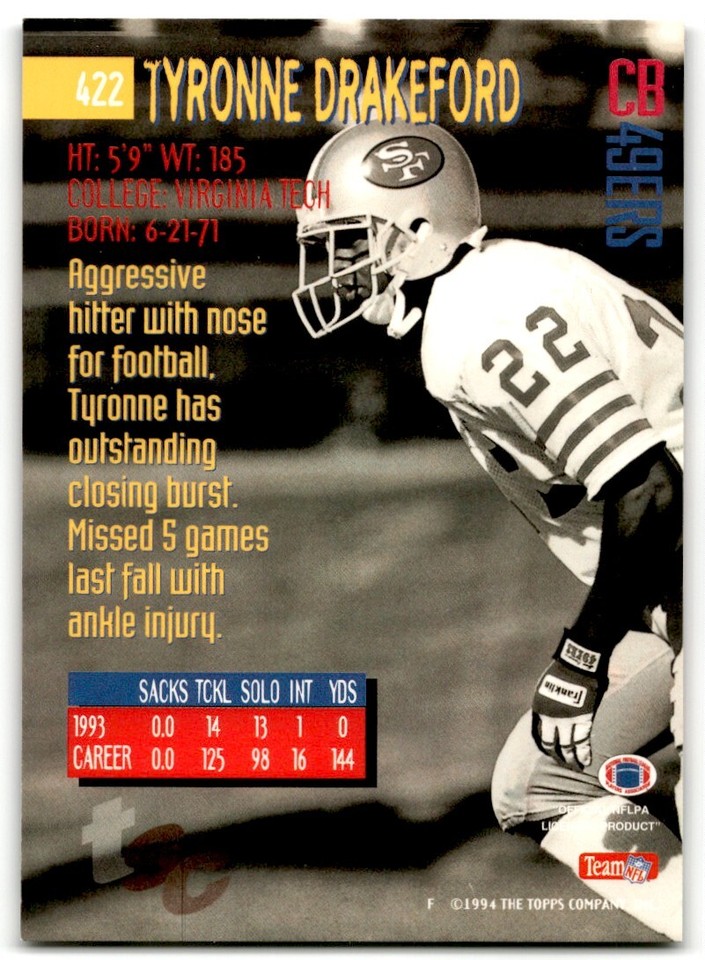1994 Stadium Club Tyronne Drakeford Rookie San Francisco 49ers #422 | eBay