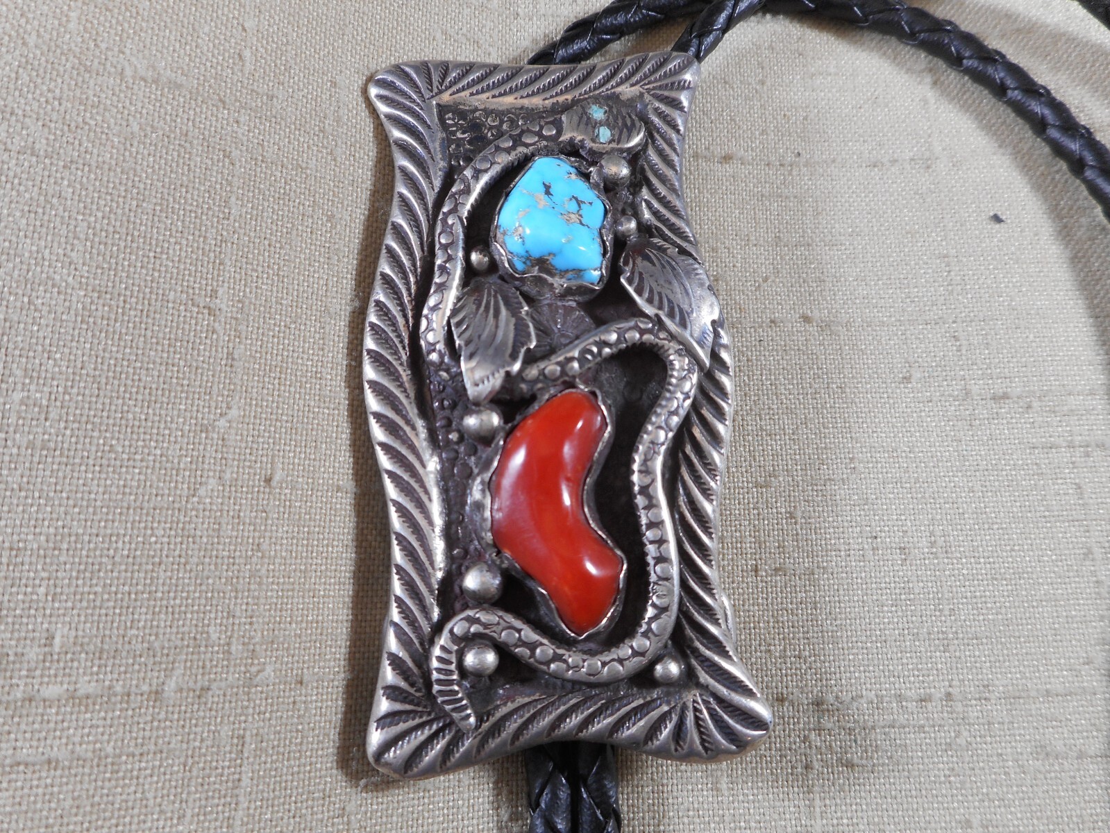 OLD Zuni silver bolo tie turquoise & coral with snake Dan Simplicio | eBay