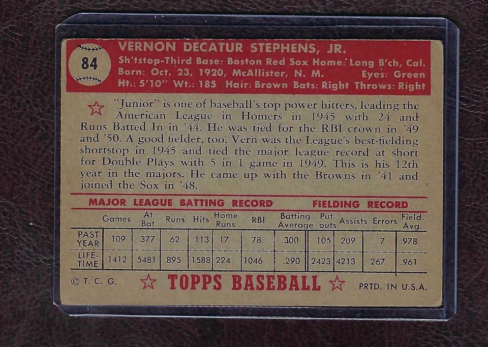 1952 Topps Baseball #84 Vern Stephens, Boston Red Sox, Red Back, Good ...