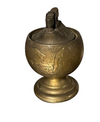 Vintage Brass Butane Table Lighter Round Carved Japanese Scene Untested ...