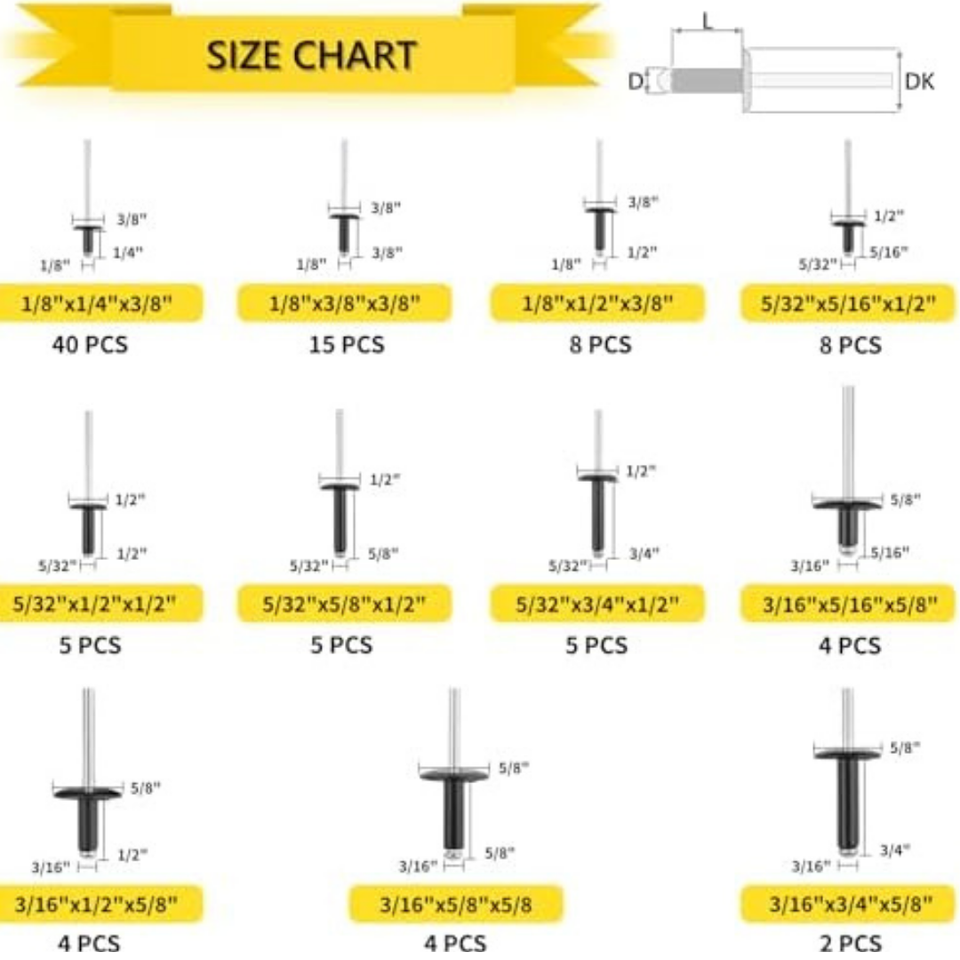 Pop Rivets Large Flange Blind Rivets Aluminum Assortment Kit 100Pcs -11 ...