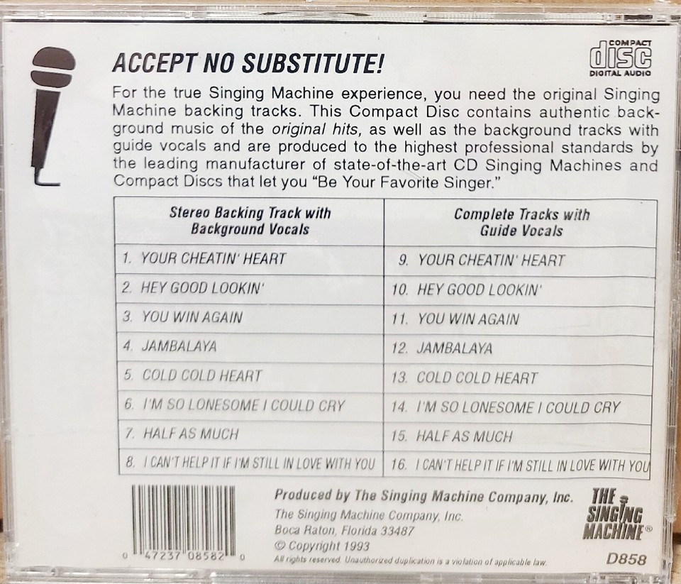The Singing Machine: Hank Williams Karaoke (CD, 1993) Lyrics, Vocals ...