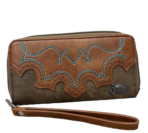 Justin Women Wallet Western Wristlet Clutch Brown Teal Embroidery Zip ...