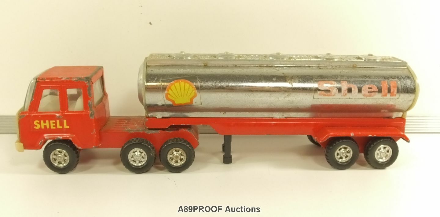 Vintage Red SHELL OIL Gasoline Tanker Truck Hong Kong Pressed Tin Metal ...