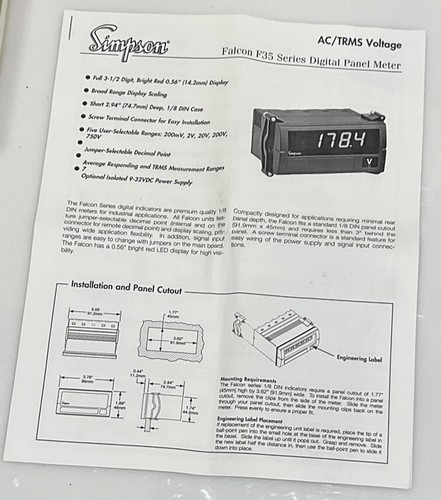 SIMPSON F35-1-46-0 FALCON F35 SERIES DIGITAL PANEL METER INPUT 5 A AC ...
