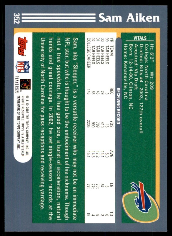 2003 TOPPS SAM AIKEN BUFFALO BILLS #352 | eBay