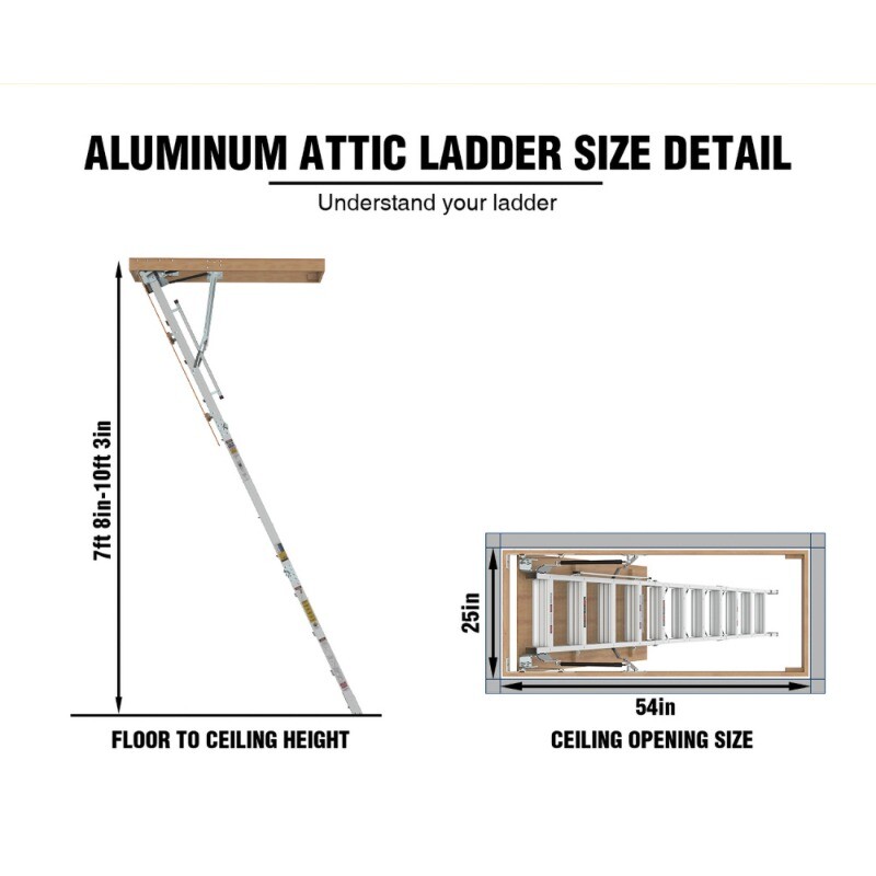 Household Aluminum Attic Ladder 25" X 54" 350lbs Capacity 7-10 Ft ...