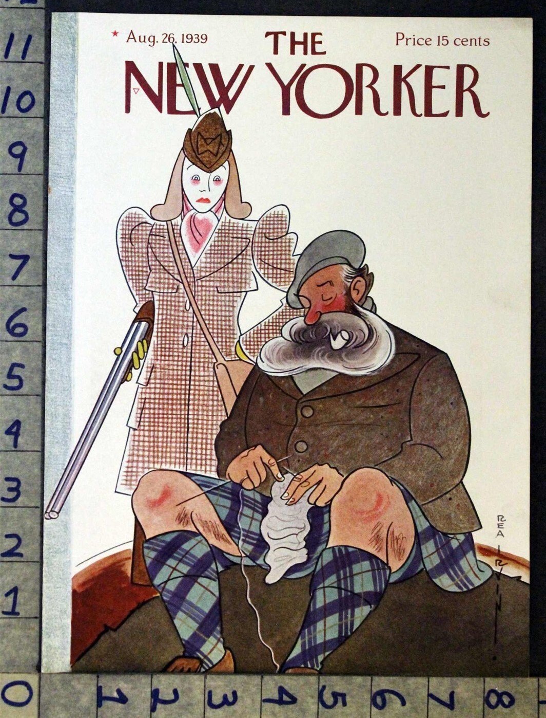 1939 SCOTTISH KILT KNITTING HUNTER WOMAN REA IRVIN ART NEW YORKER COVER ...